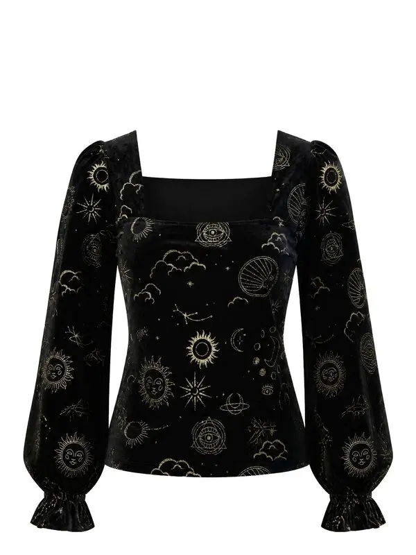 YUMI Velvet Cosmic Print Top - Black