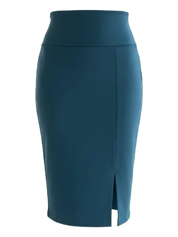 CONQUISTA High-waist Tailored Pencil Skirt With Side Slit – Teal - Blue