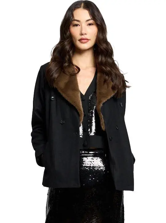 Central Park West Asher Melton Fur Collar Peacoat - Black