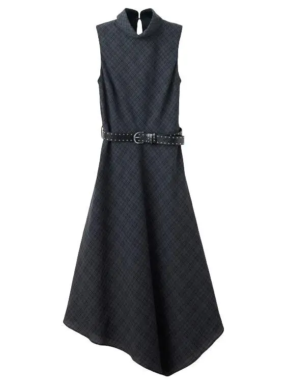 Mango Belted Check Sleeveless Maxi Dress - Grey