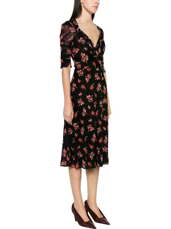 Diane Von Furstenberg Carmen Floral-print Ruched-sleeve Midi Dress - Black