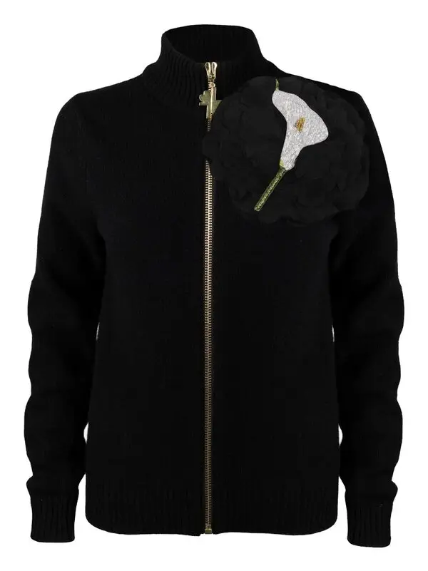LAINES LONDON Cashmere-wool Zip Cardigan With Hand-embellished Lily Flower Brooch - Black