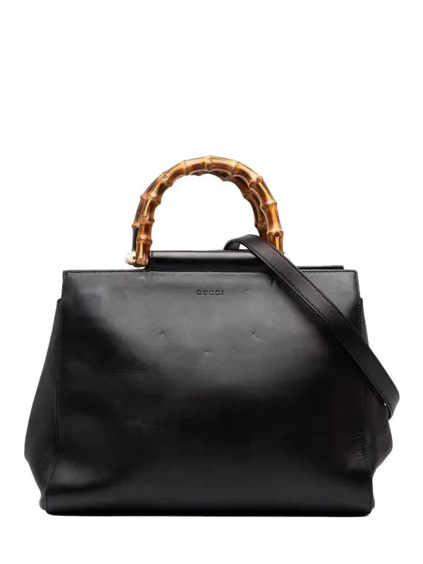 Gucci 2000-2015 Medium Leather Bamboo Nymphaea Satchel - Black