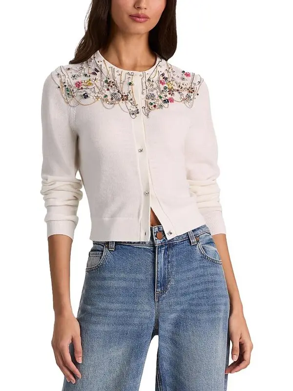 Alice + Olivia Dollie Wool Blend Embellished Cardigan - Soft White