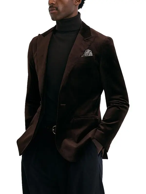REISS Apsara Cotton Blend Peak Lapel Velvet Blazer - Brown