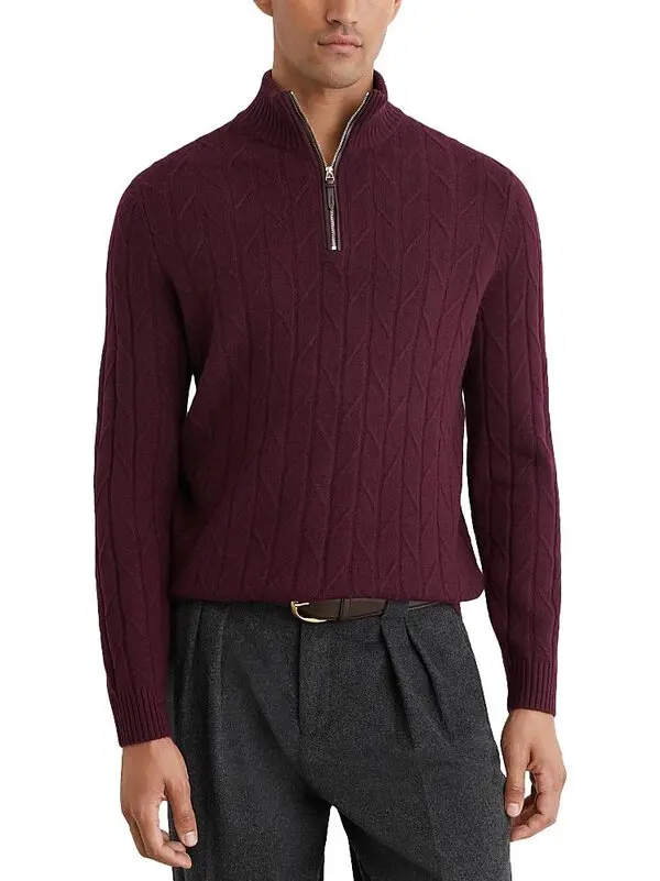 REISS Douglas Wool Half Zip Diagonal Stitch Sweater - Bordeaux