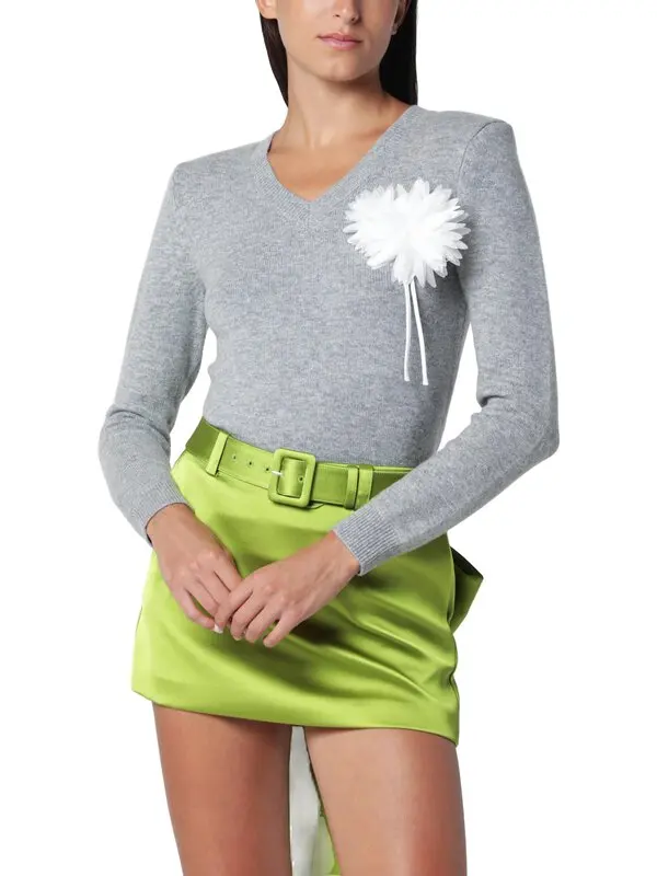 SELF-PORTRAIT Gray Wool Sweater With Mini Flower Appliqu - Grey