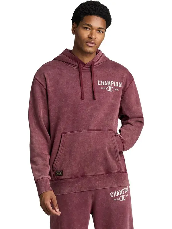Champion Mineral Wash Pullover Hoodie, C Patch Logo - Cabernet