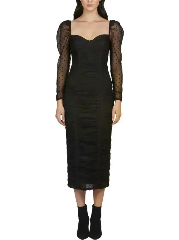 SELF-PORTRAIT Dot Mesh Gathered Midi Dress - Black