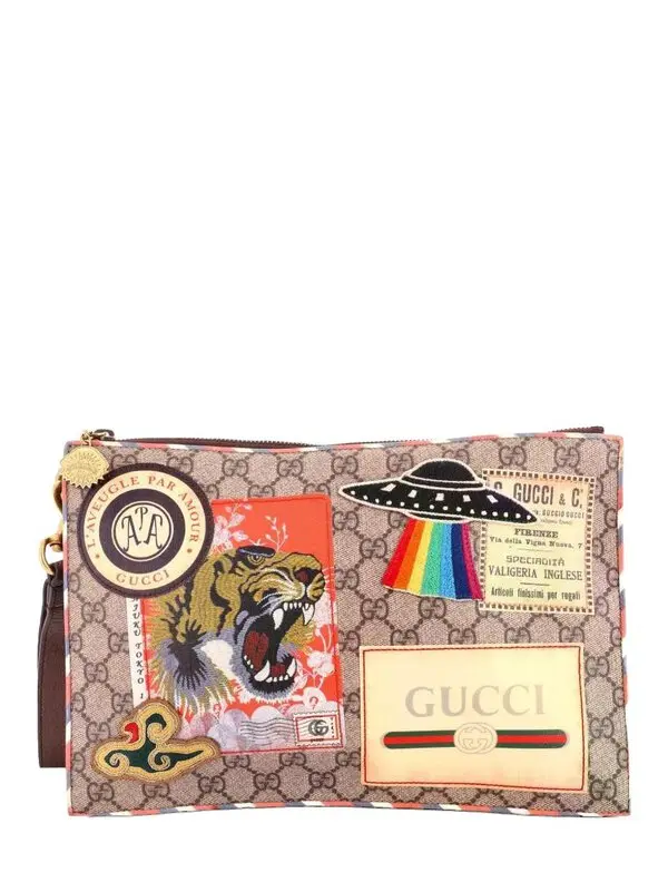 Gucci Courrier Pouch Gg Coated Canvas With Applique Clutch Bag - Khaki