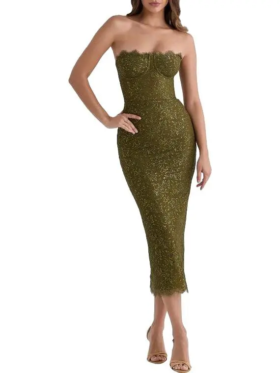 House Of Cb Alexia Metallic Floral Lace Strapless Midi Dress - Olive