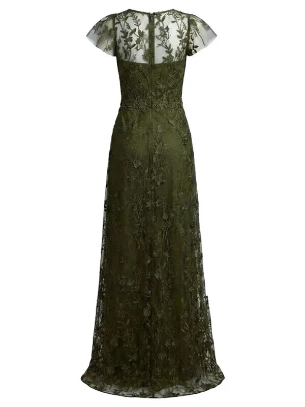 Mac Duggal Floral Appliqué Tulle Gown - Olive