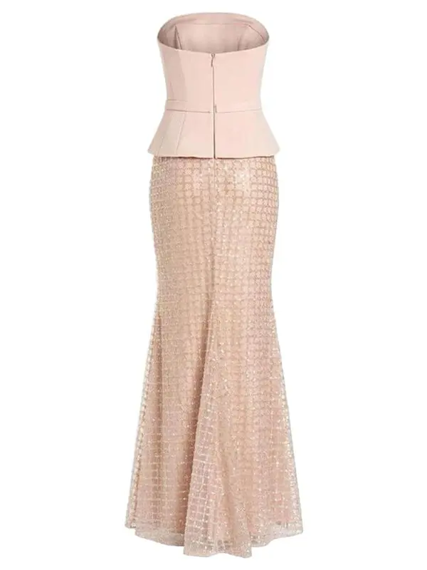 Mac Duggal Strapless Satin Sequined Column Gown - Blush
