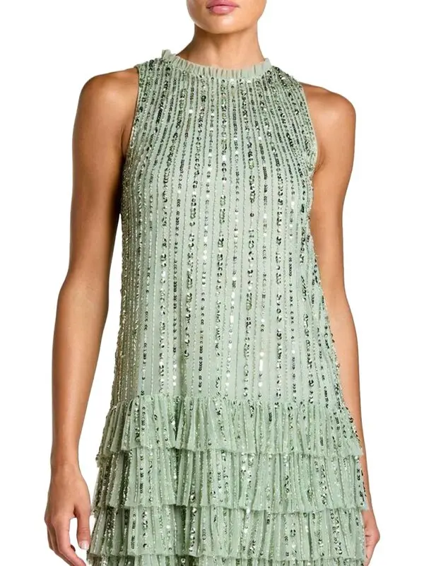 Mac Duggal Ruffle-trim Bead And Sequin Mini Shift Dress - Sage