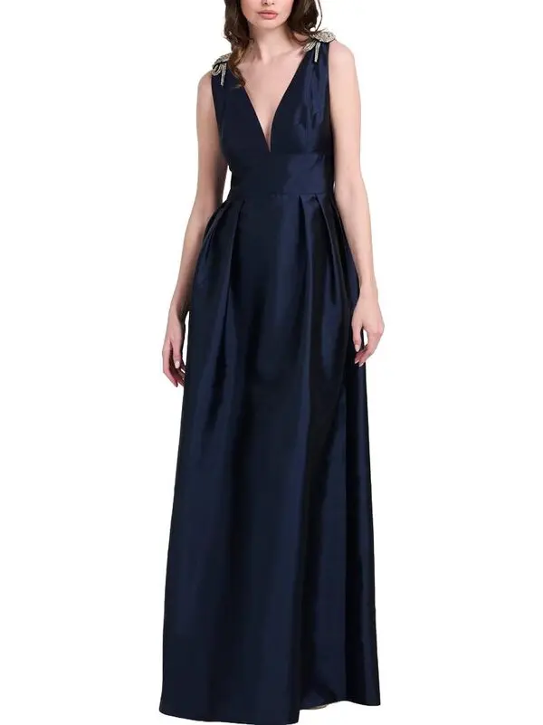 EMILY SHALANT Crystal Bow Detail Plunge Neck Faille Gown - Navy