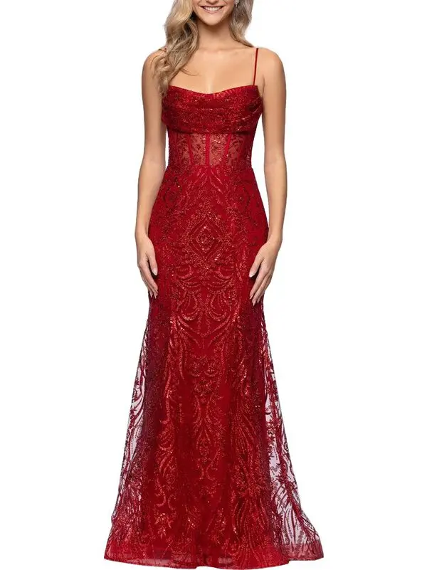 BLONDIE NITES Glitter Corset Sleeveless Gown - Red