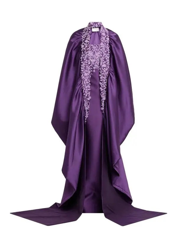 Pamella Roland Beaded Mikado Silk Asymmetric Cape - Violet Multi