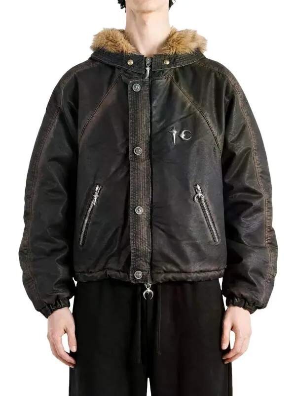 THUG CLUB Three Riding Skull Faded Faux-fur-trim Jacket - Black