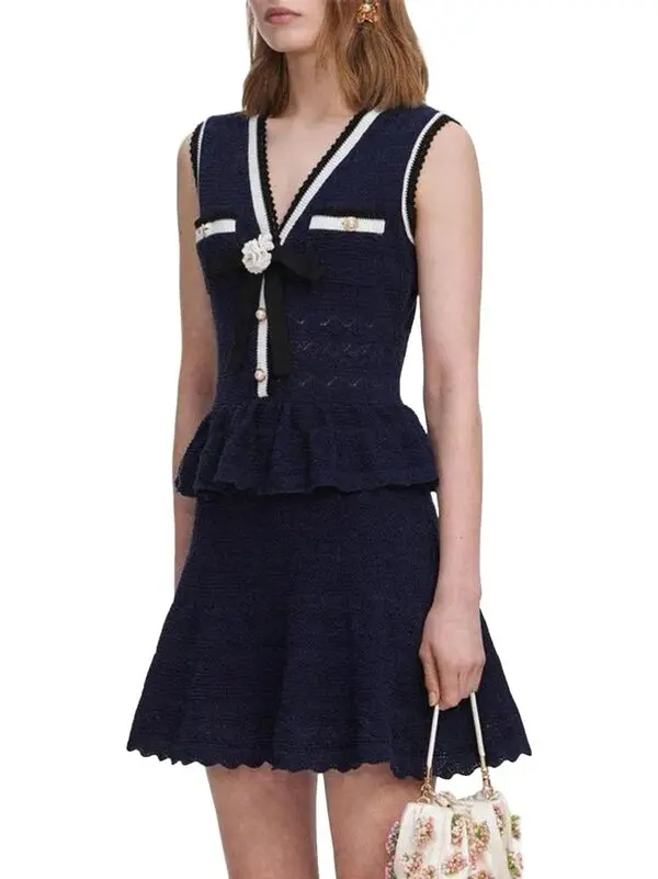 SELF-PORTRAIT Pointelle Knit Peplum Mini Dress - Navy