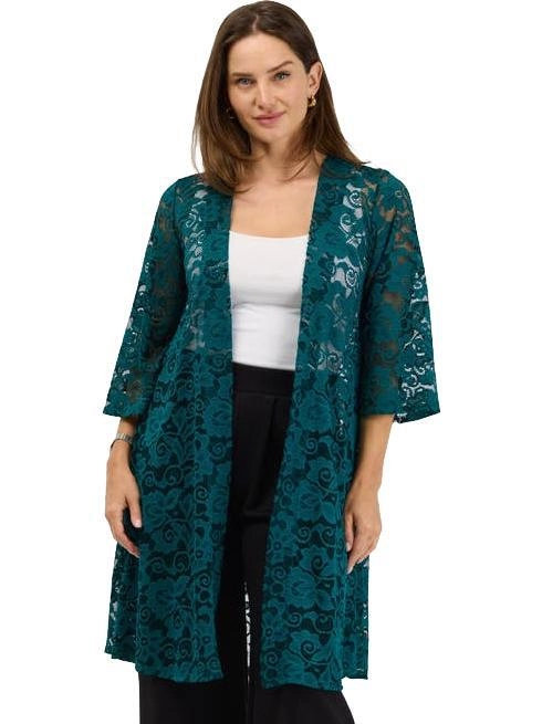 24SEVEN COMFORT APPAREL Elevate Lace Open Front Three-quarter Sleeves Jacket - Emerald
