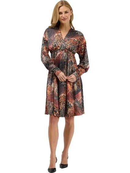 24SEVEN COMFORT APPAREL Elevate Long Sleeve V Neck Empire Waist Knee Length Flare Dress - Brown Multi