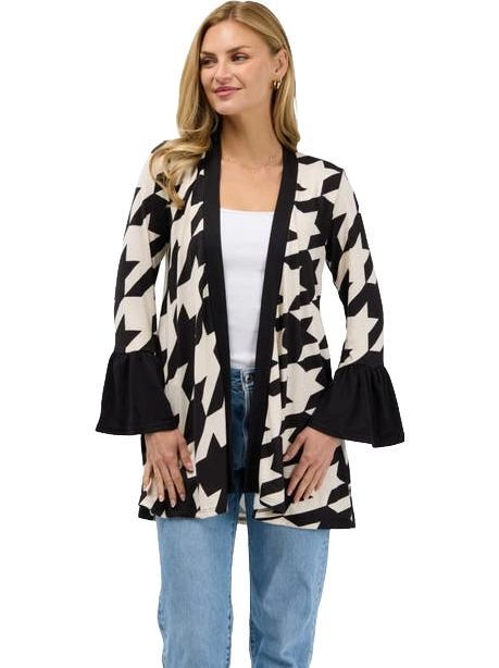 24SEVEN COMFORT APPAREL Essential Soft Stretch Bell Sleeve Open Front Jacket - Beige Multi
