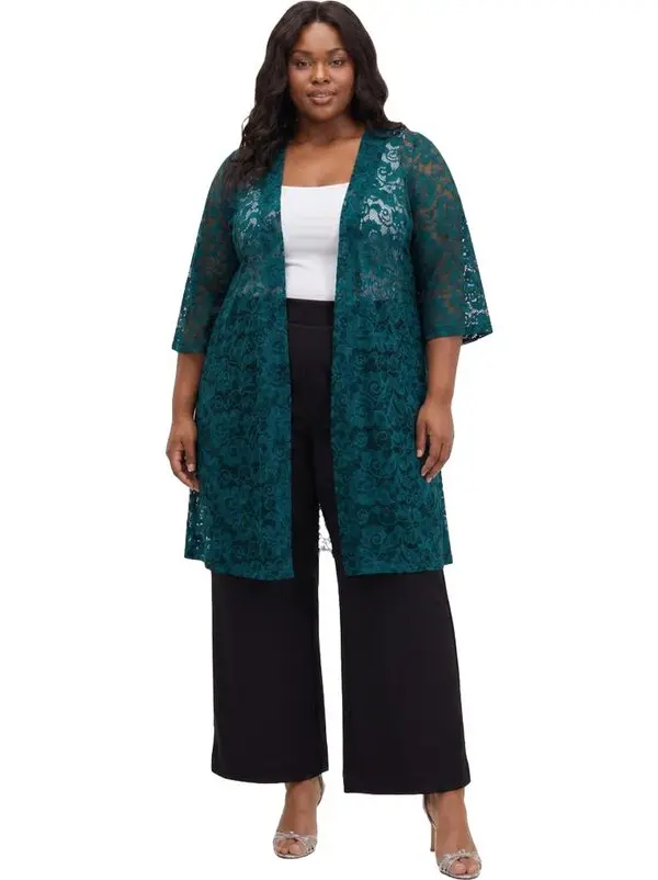 24SEVEN COMFORT APPAREL 24seven Comfort Elevate Curvy Lace Open Front Three-quarter Sleeves Jacket - Emerald