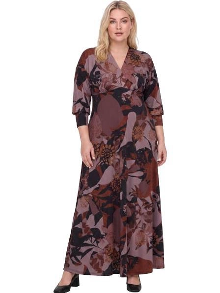 24SEVEN COMFORT APPAREL Elevate Curvy V Neck Three-quarter Sleeve Maxi Dress - Brown Multi
