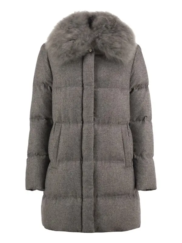 Herno Long Silk And Cashmere Down Coat With Fur Collar - Gray