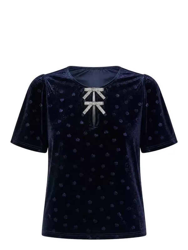 YUMI Navy Velvet Heart Top With Bow Detail - Blue