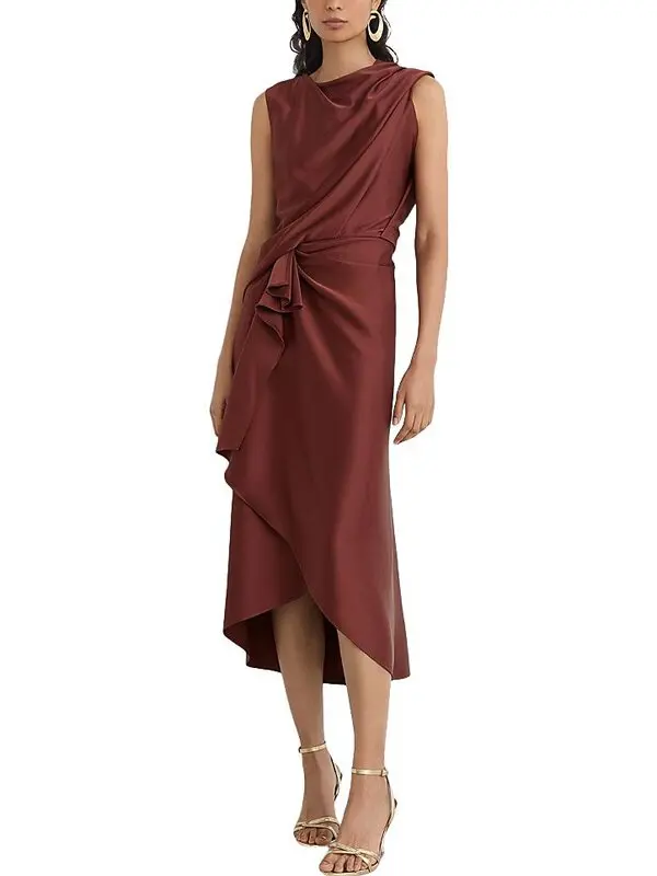 REISS Satin Gathered Waist Midi Dress - Rust Orange