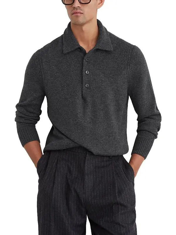 REISS County Wool & Cashmere Half Button Polo Sweater - Mid Grey