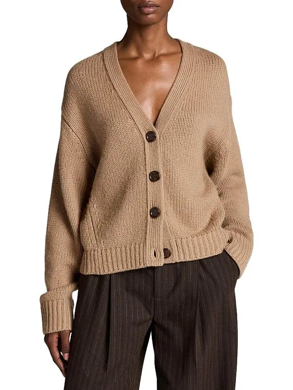 Vince Wool & Cashmere Boxy V Neck Cardigan - Camel