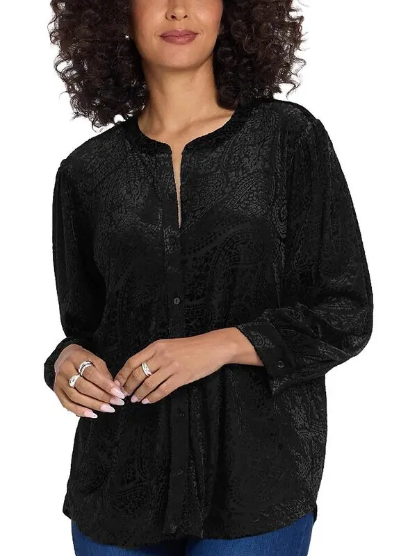 NYDJ Bonnie Burnout Velvet 3/4 Sleeve Blouse - Black
