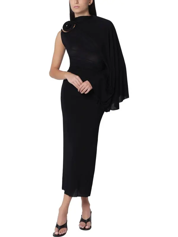 Christopher Esber Sculpted Spiral Drape Evening Dress With Asymmetrical Sleeve - Black