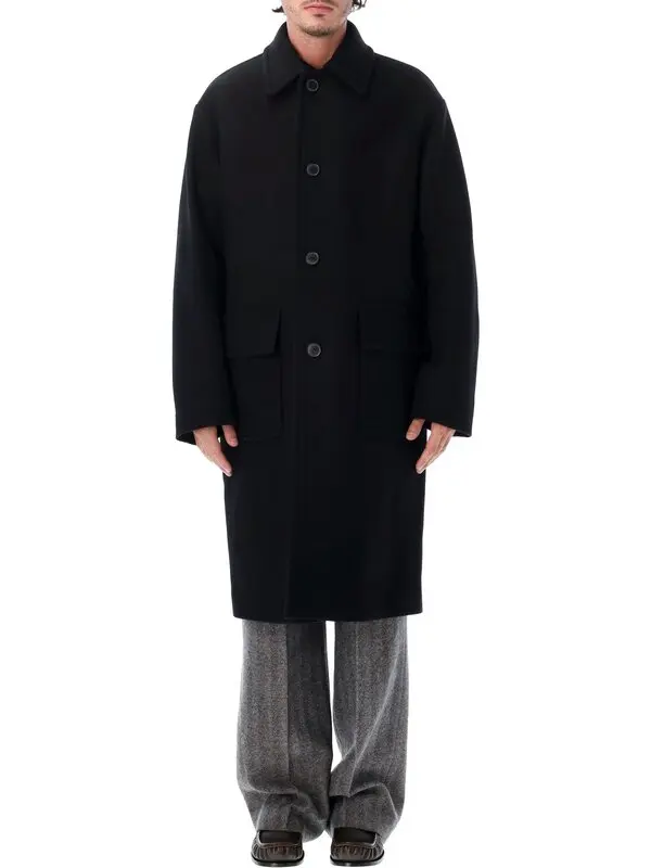 Dries Van Noten Wool-blend Long Straight Patch Pocket Jacket With Pointed Collar - Nero