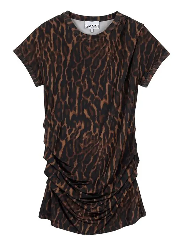 GANNI Printed Shiny Draped T-shirt Blouse - Rawhide