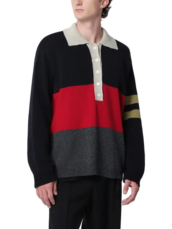 NAMACHEKO Color-block Striped Wool Polo Sweater With Contrast Collar - Blue