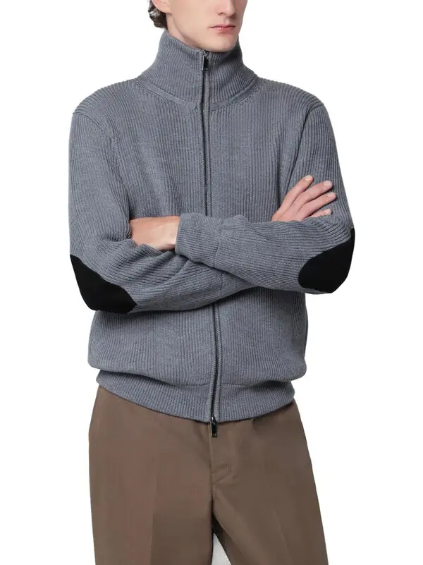 ROBERTO COLLINA Mélange Wool Zip-up Cardigan With High Neck And Elbow Patches - Grey