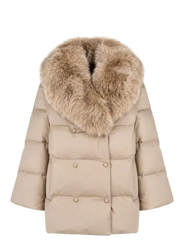 YVES SALOMON Weather-resistant Down Puffer Jacket With Detachable Fox Fur Collar And Belt - Beige