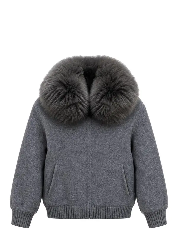YVES SALOMON Wool Bomber Jacket With Fox Fur Trim, Welt Pockets & Ribbed Cuffs - Grey