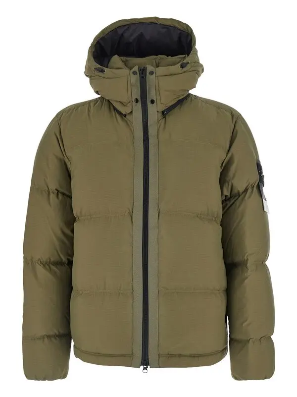 Stone Island Down Jacket With Removable Hood And Logo Sleeve Patch In Tech Fabric - Green