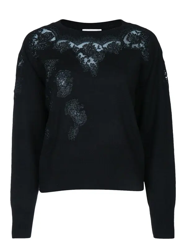 ERMANNO FIRENZE Lace-trim Crewneck Sweater - Nero