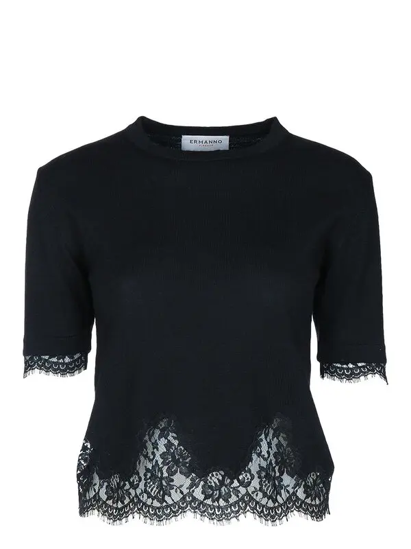 ERMANNO FIRENZE Lace Short-sleeve Sweater - Nero