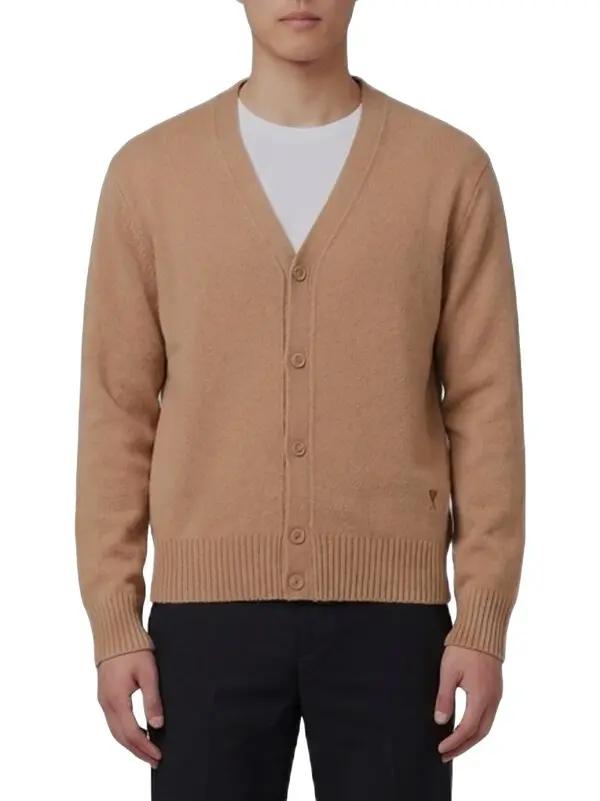 AMI Paris V-neck Cardigan With Tonal De Coeur Detail - Camel