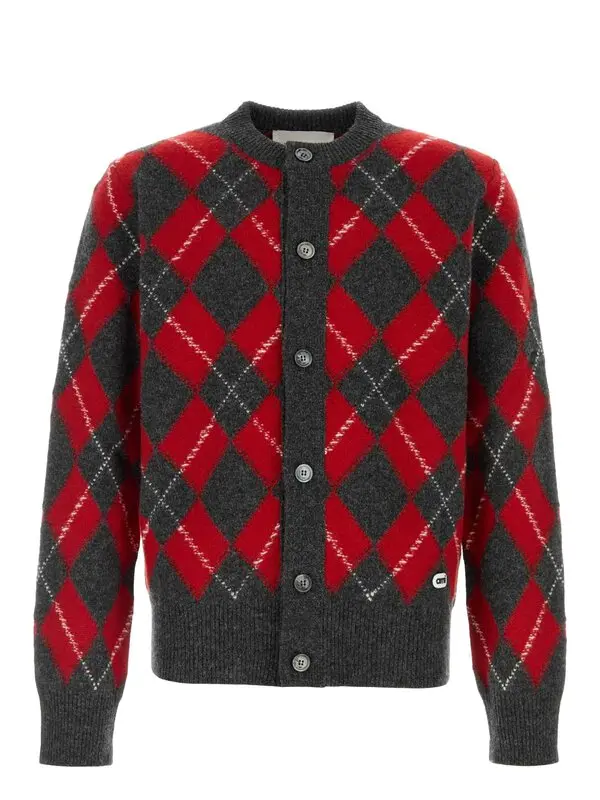 AMI Paris Embroidered Wool Cardigan - Checked