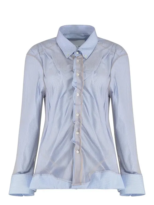 MAISON MARGIELA Striped Cotton Shirt With Layered Gathered Detail - Light Blue