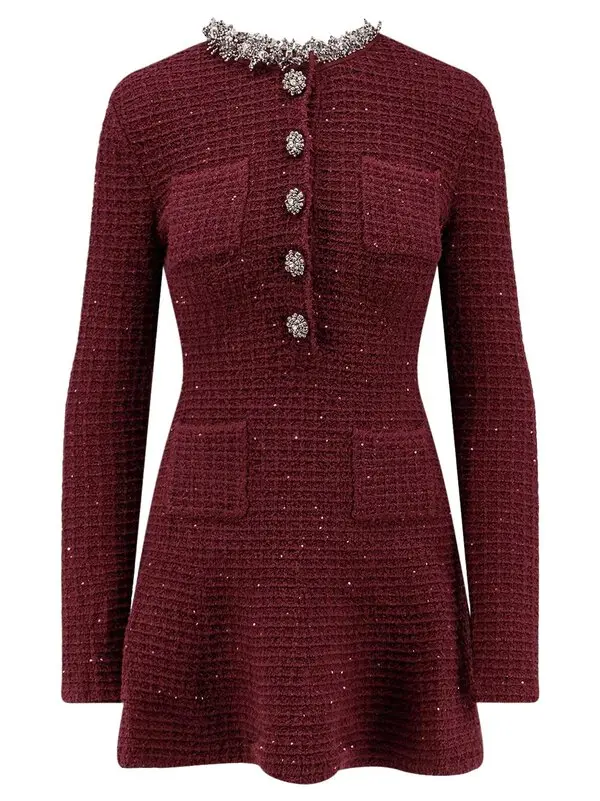 SELF-PORTRAIT Knitted Bordeaux Dress With Jewel Details - Red