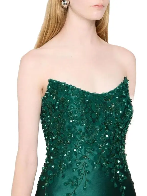 Pamella Roland Beaded Strapless Silk Column Gown - Green Mult