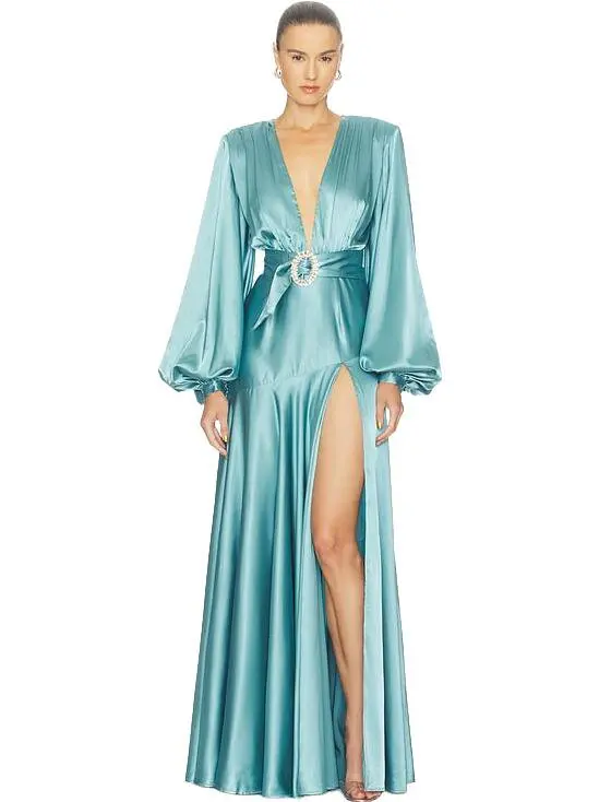 BRONX BANCO Long Sleeve V-neck Gown In Teal - Turquoise
